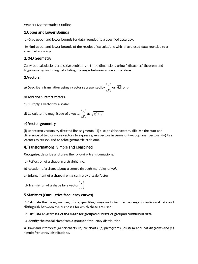 Year 11 Mathematics Outline | PDF | Euclidean Vector | Mean
