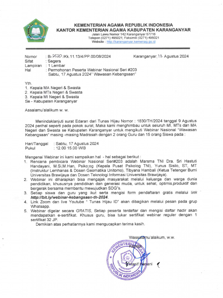 120 - 13082024 - Permohonan Peserta Webinar Wawasan Kebangsaan | PDF