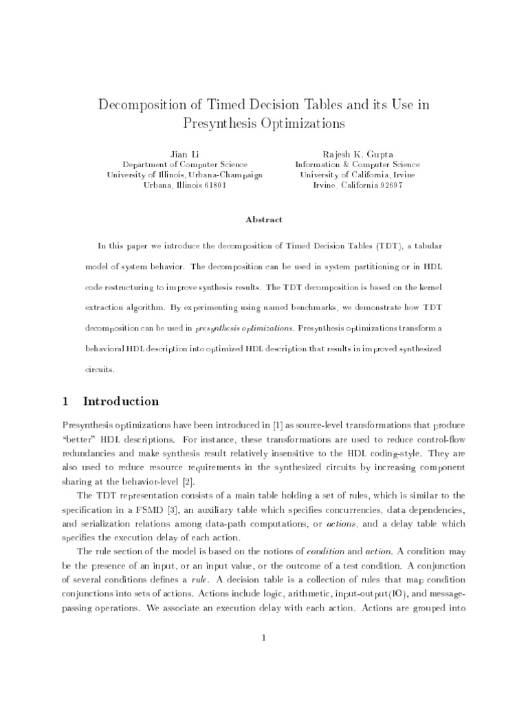 Decomposition of Timed Decision Tables and Its Use in Presynthesis Optimizations | PDF ...