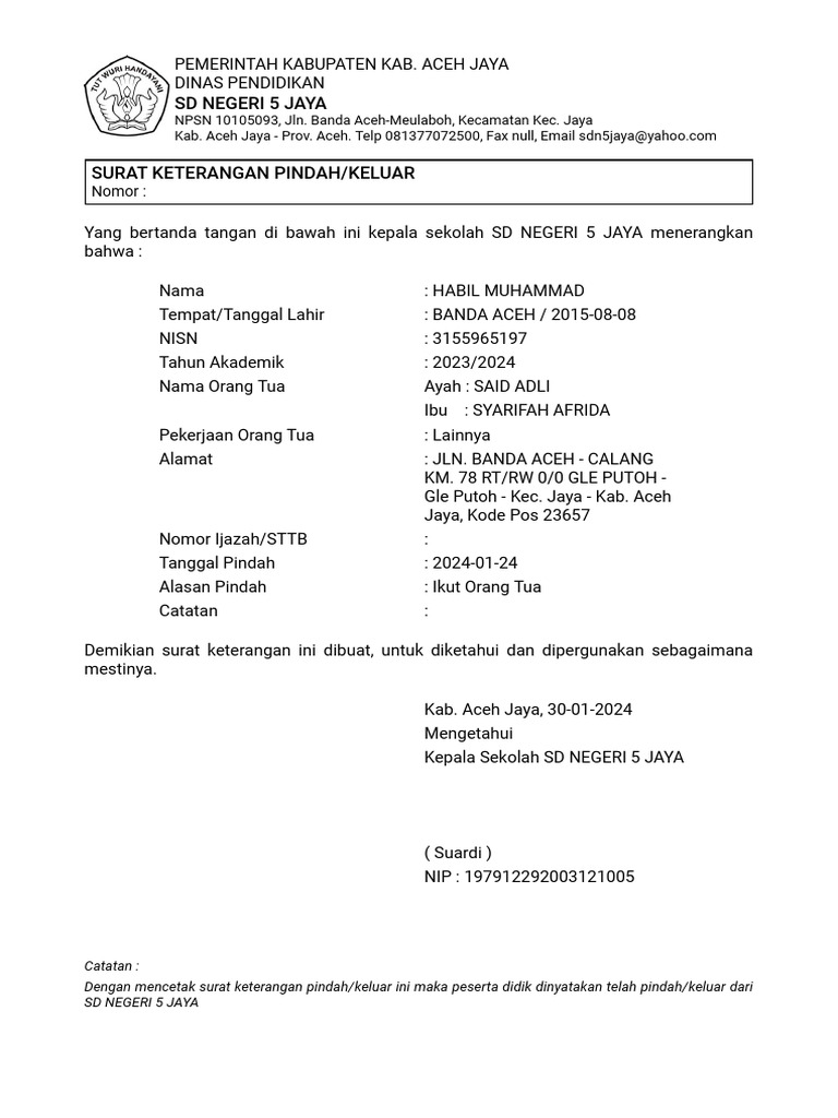 Surat Pindah Habil Muhammad | PDF