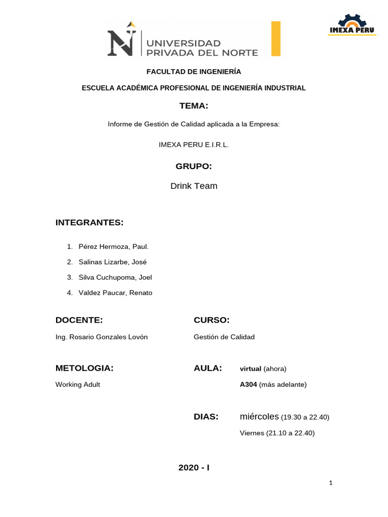 INFORME DE GESTON DE CALIDAD APLICADA EN LA EMPRESA IMEXA PERU EIRL CAP ...