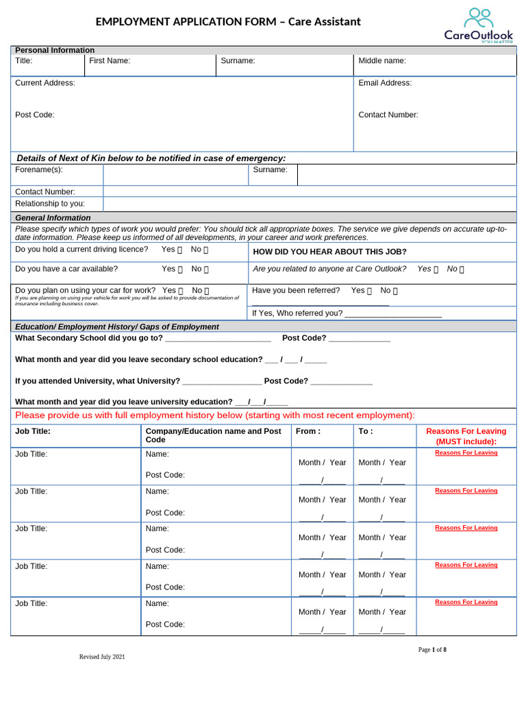 Care Outlook Application Form - Care Assistant | PDF