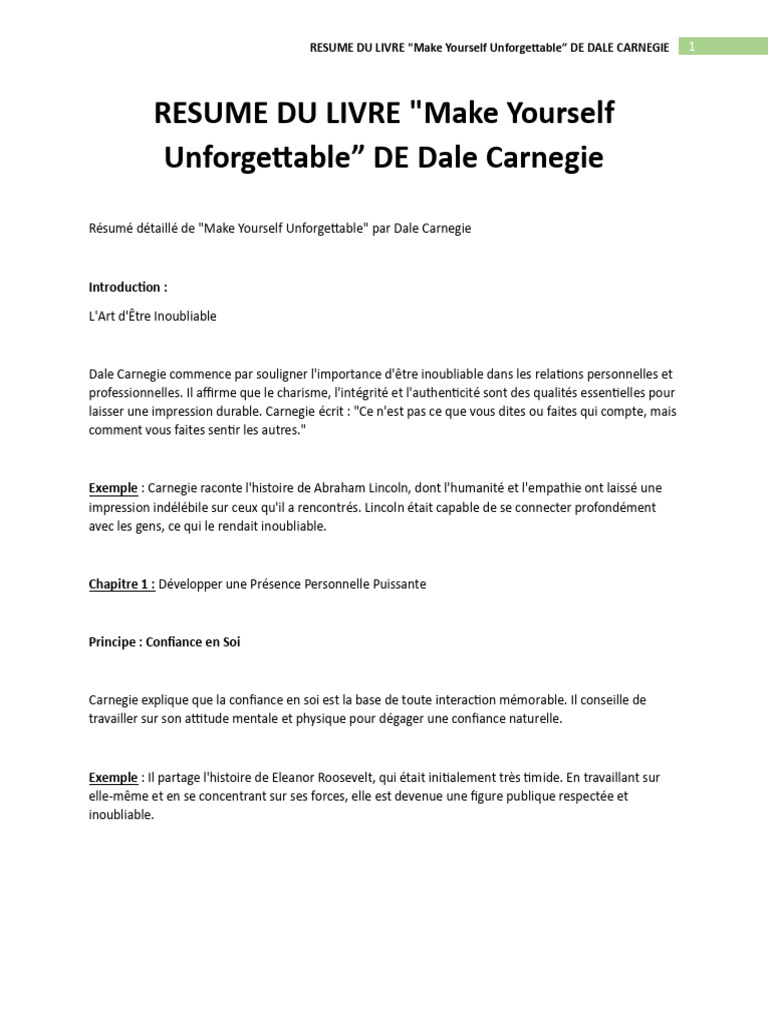 RESUME DU LIVRE "Make Yourself Unforgettable" DE Dale Carnegie | PDF
