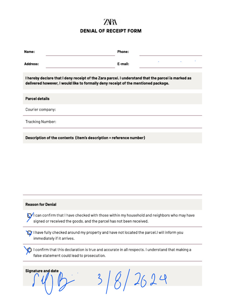 Denial of Receipt Form en - UK 20231120 | PDF