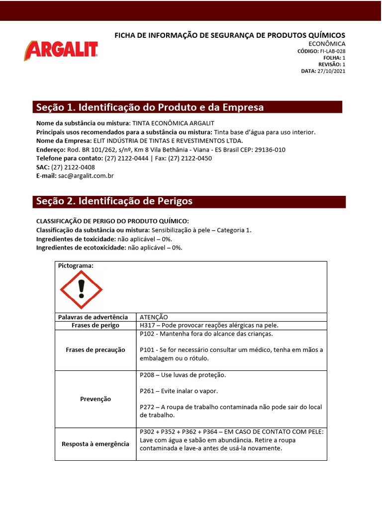 FISPQ - Tinta Economica - Argalit | PDF