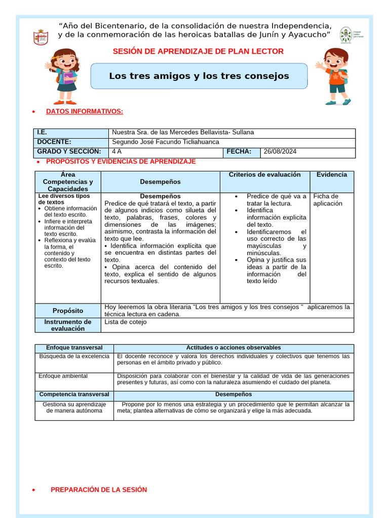 Sesion De Comprension Lectora Los Tres Amigos Y Los Tres Consejos Pdf