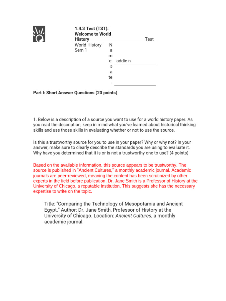 1.4.3 Test (TST) - Welcome To World History (Test) | PDF