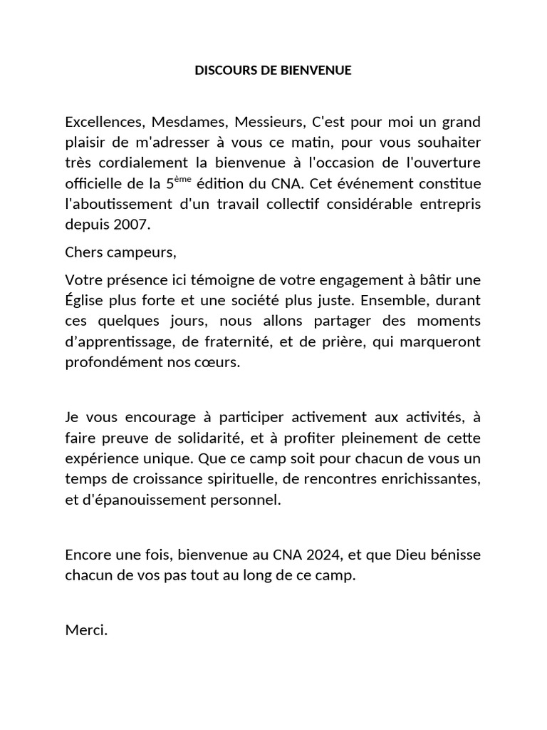 Discours de Bienvenue | PDF