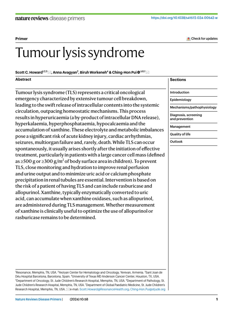 Tumour Lysis Syndrome Overview and Management | PDF | Kidney | Medical ...