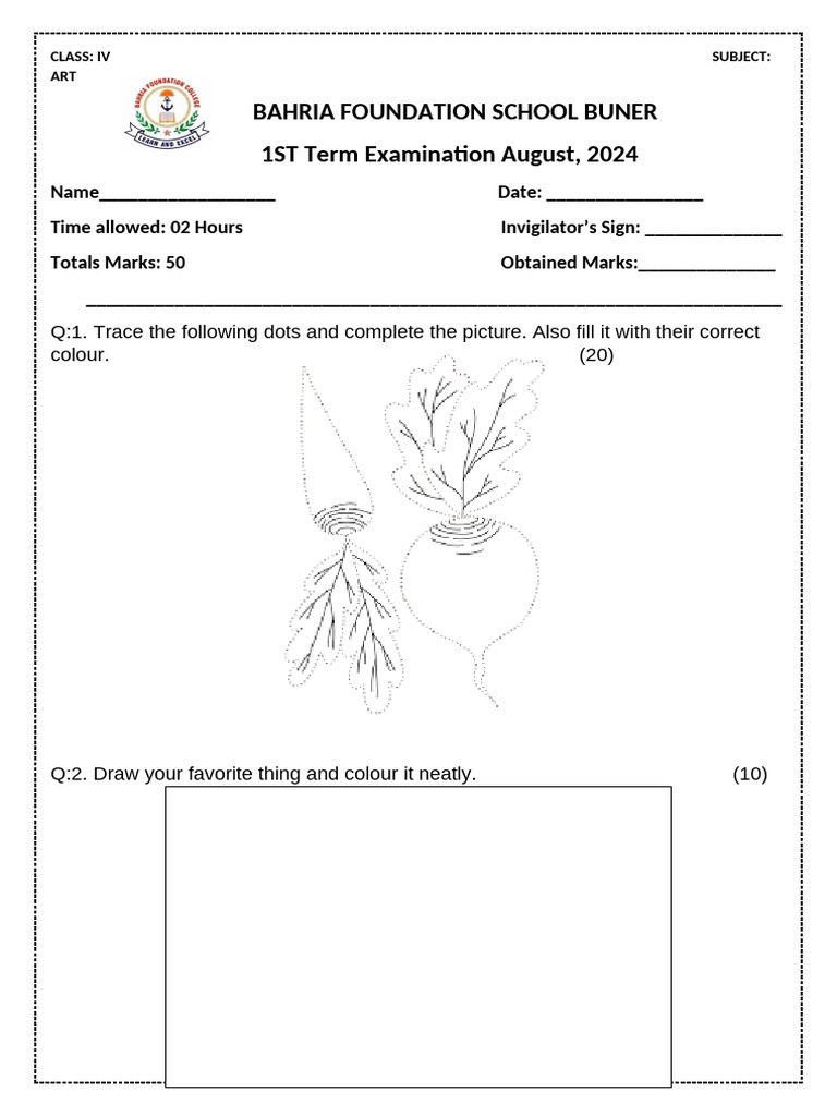Grade IV Art Exam Paper 2024 | PDF