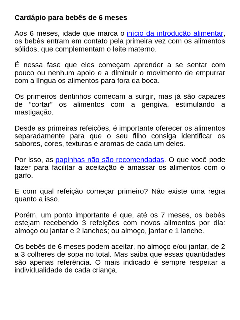 Cardápio para bebês de 6 meses | PDF