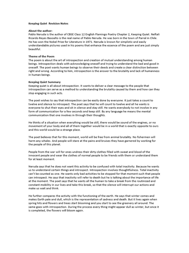 Revision Notes For Cbse Class 12 English Chapter Keeping Quiet | PDF