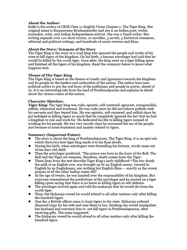Cbse Class 12 English The Tiger King Revision Notes PDF
