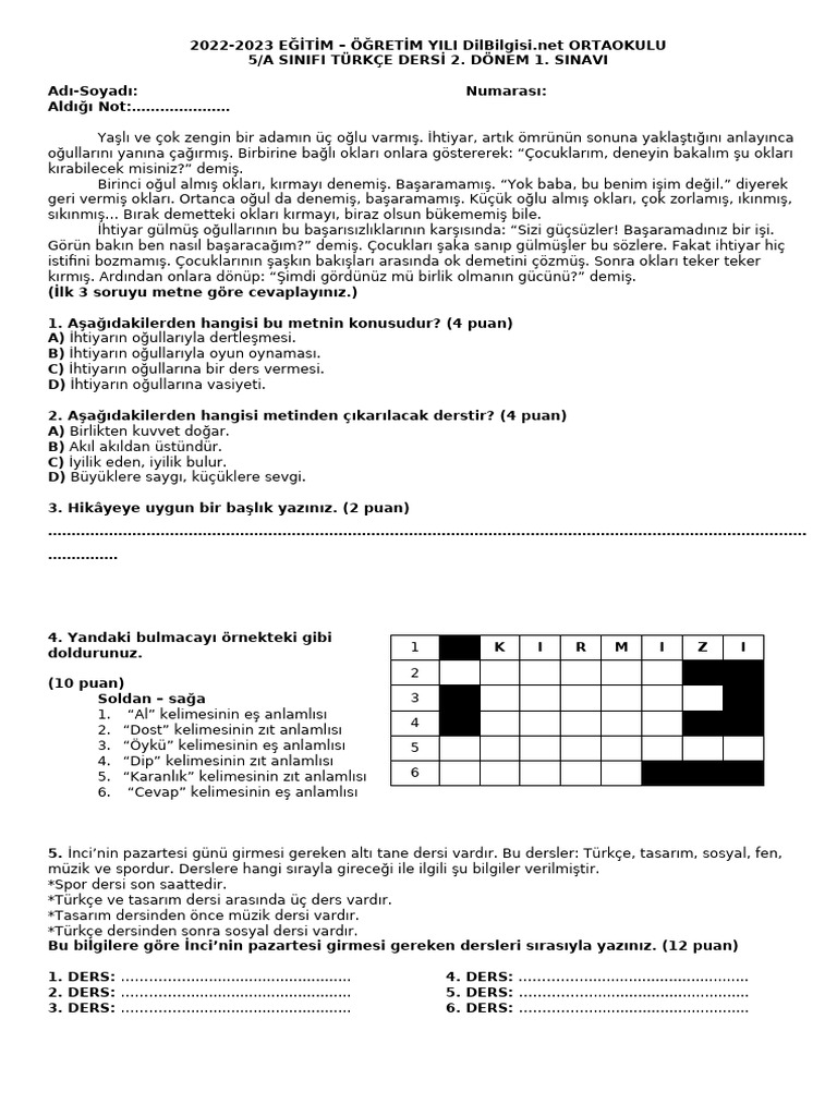 5-Sinif-Turkce-2-Donem-1-Yazili-DilBilgisi.net | PDF