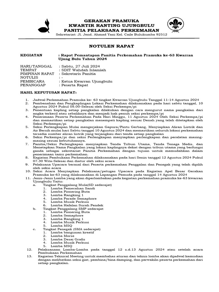 Notulen Rapat Panitia Perkemahan 2024 | PDF