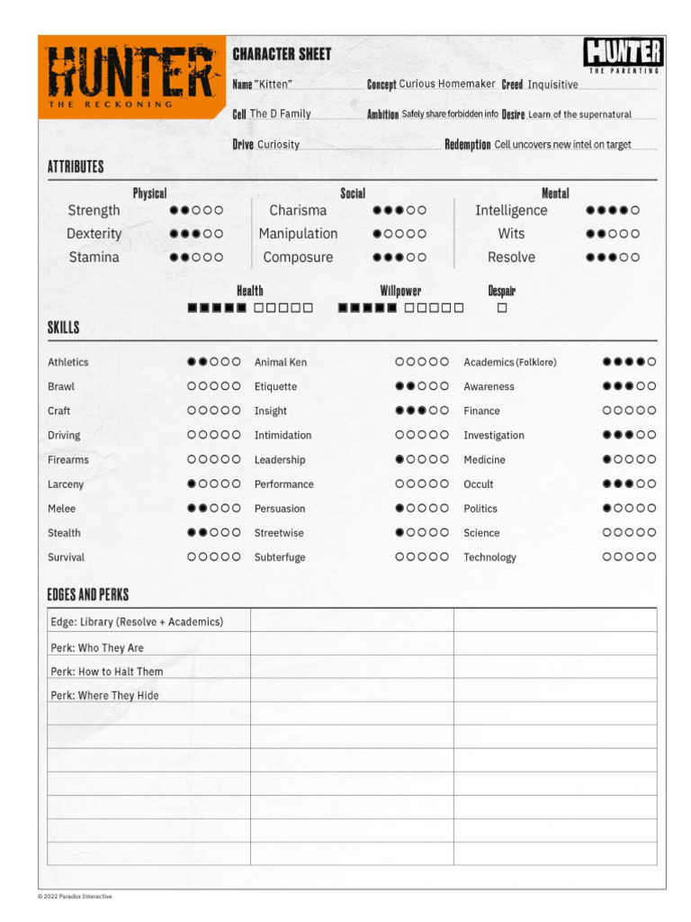 H5 Hunter The Parenting Kitten Character Sheet Post-Arc 1 | PDF