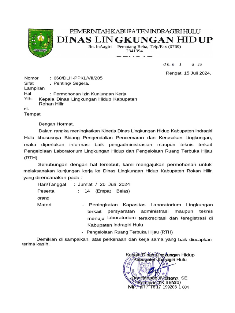 Surat Izin Kunjungan Kerja Ke DLH ROHIL | PDF