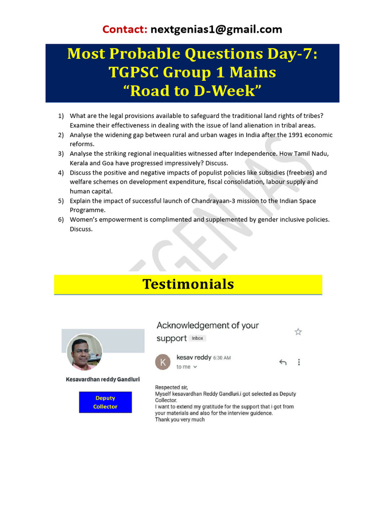 TGPSC Group 1 Mains 2024 - Most Probable Questions Day 7 | PDF