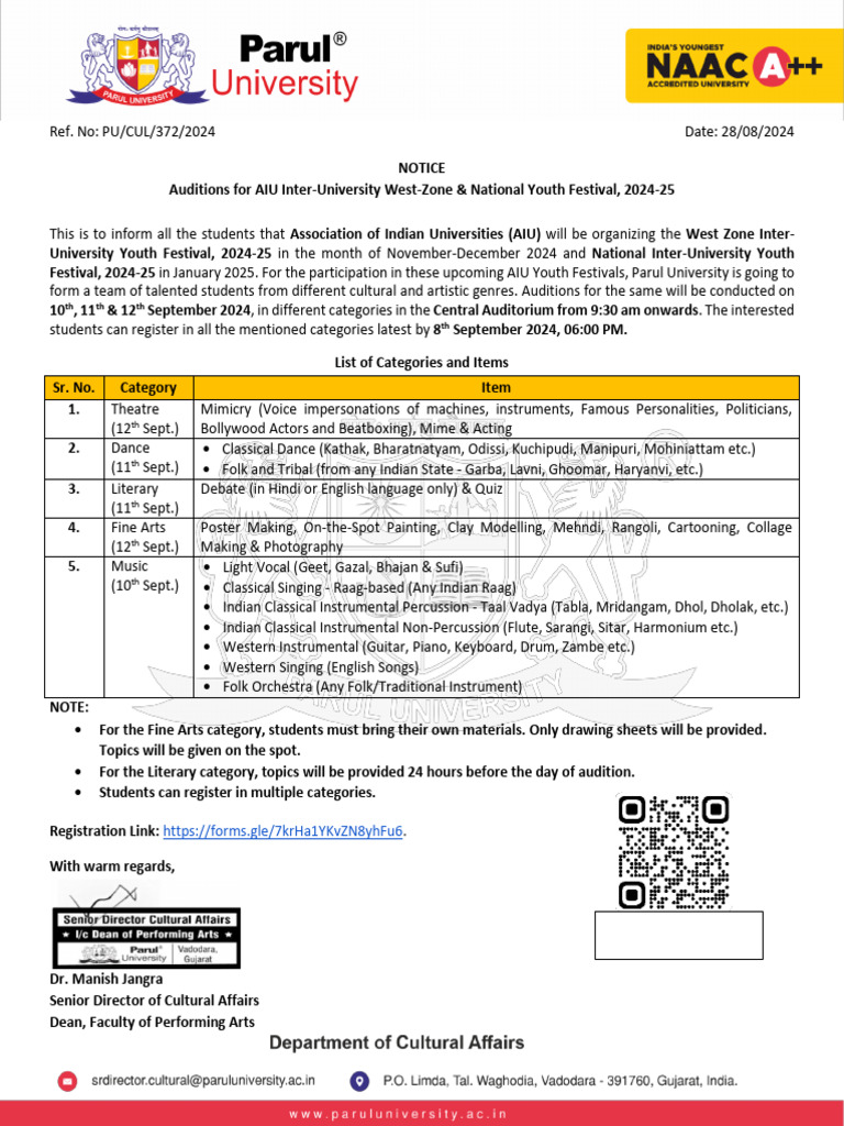 Notice-Auditions For AIU Inter-University West-Zone & National Youth Festival, 2024-25 | PDF ...