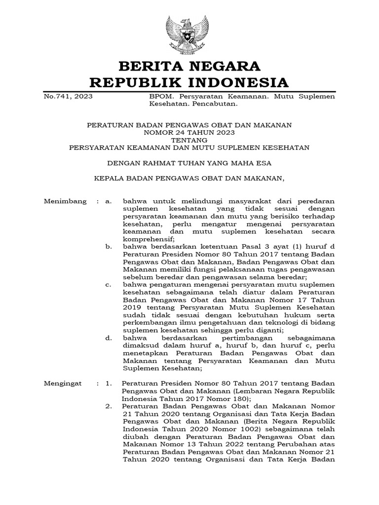 Peraturan Bpom No 24 Tahun 2023 | PDF