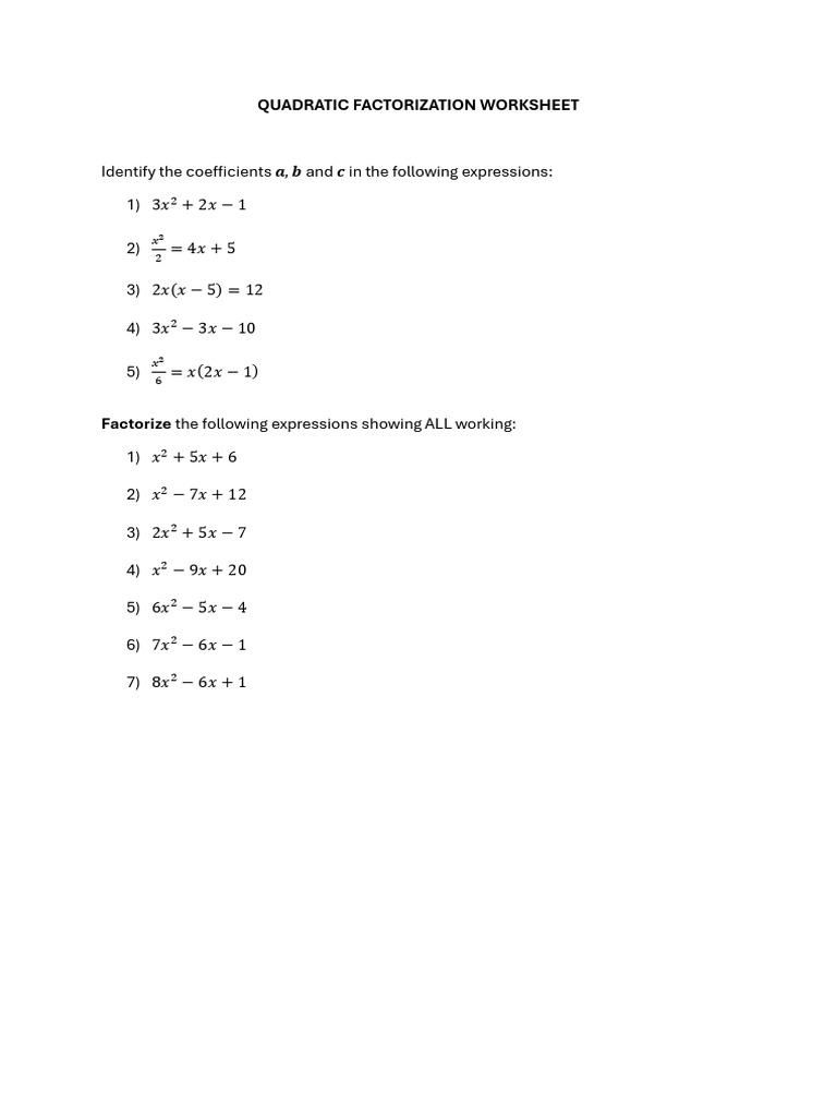 Quadratic Factorization Worksheet Pdf