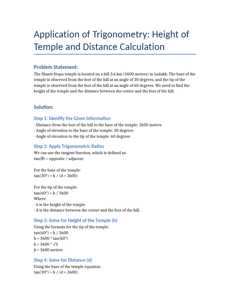 Trigonometry Height Temple Distance | PDF
