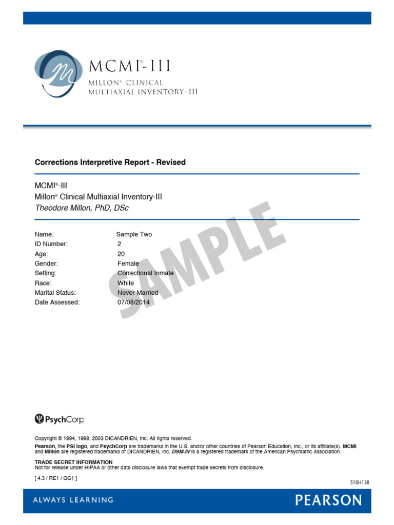 Mcmi III Corrections Interpretive Report Female | PDF