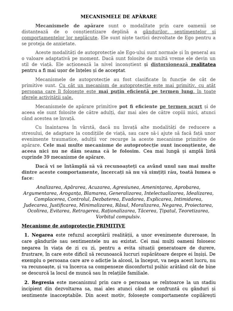 Mecanismele de Apărare | PDF