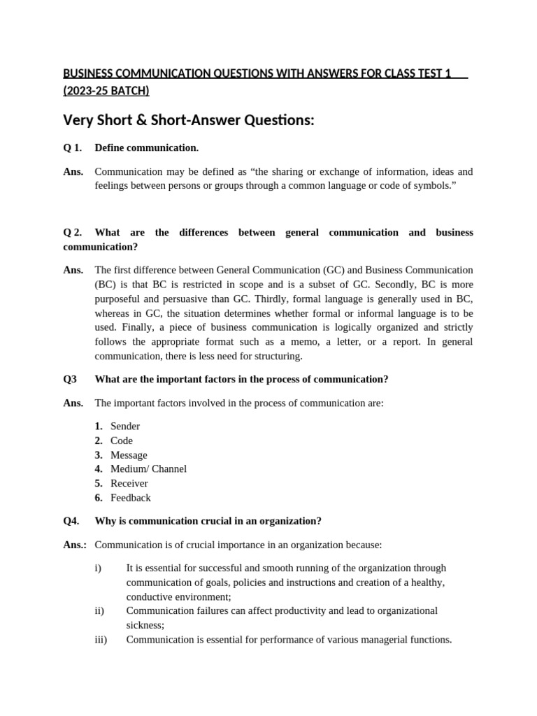 Business Communication Test Questions | PDF | Nonverbal Communication ...