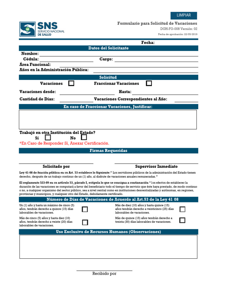 Solicitud de Vacaciones DGH-FO-008 V2 | PDF