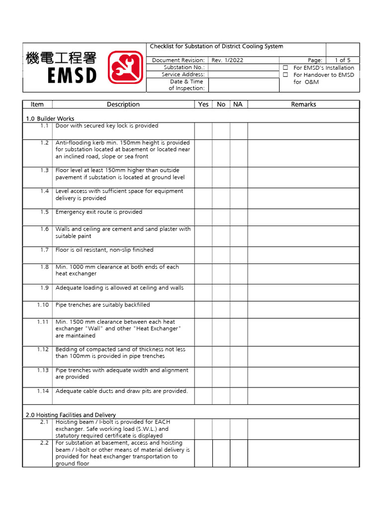 District Cooling Substation Checklist | PDF | Basement | Storm Drain