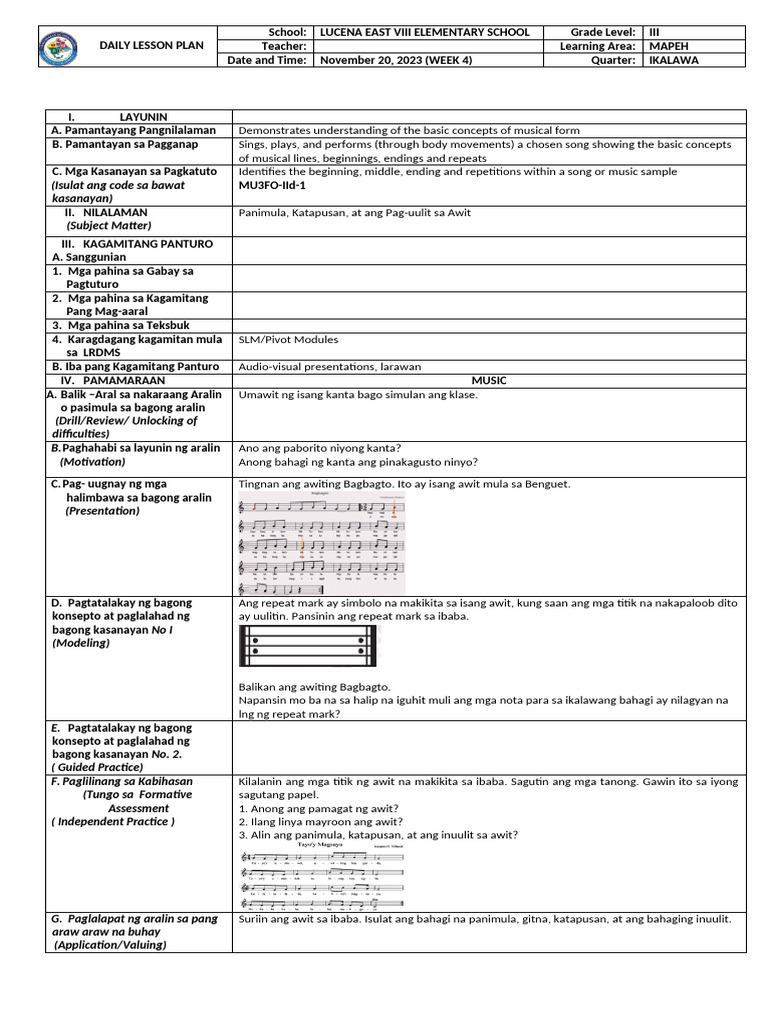 DLP - Mapeh 3 Q2 W4 | PDF