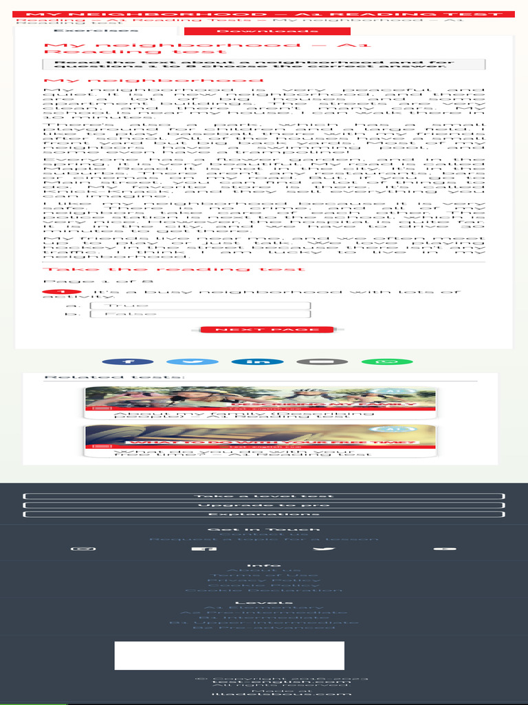 My Neighborhood - A1 Reading Test - Test-English | PDF