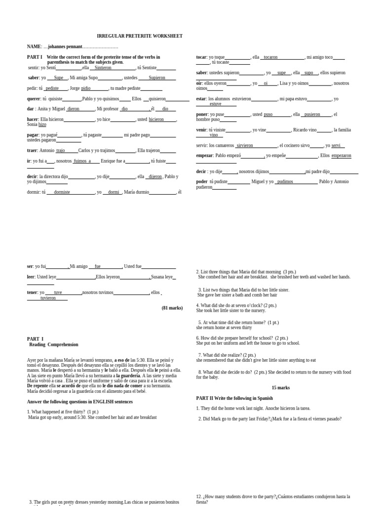 IRREG PRET. Work Sheet | PDF