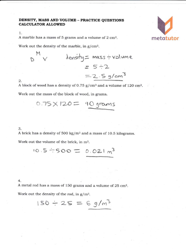 Density Mass Volume Solutions1 | PDF