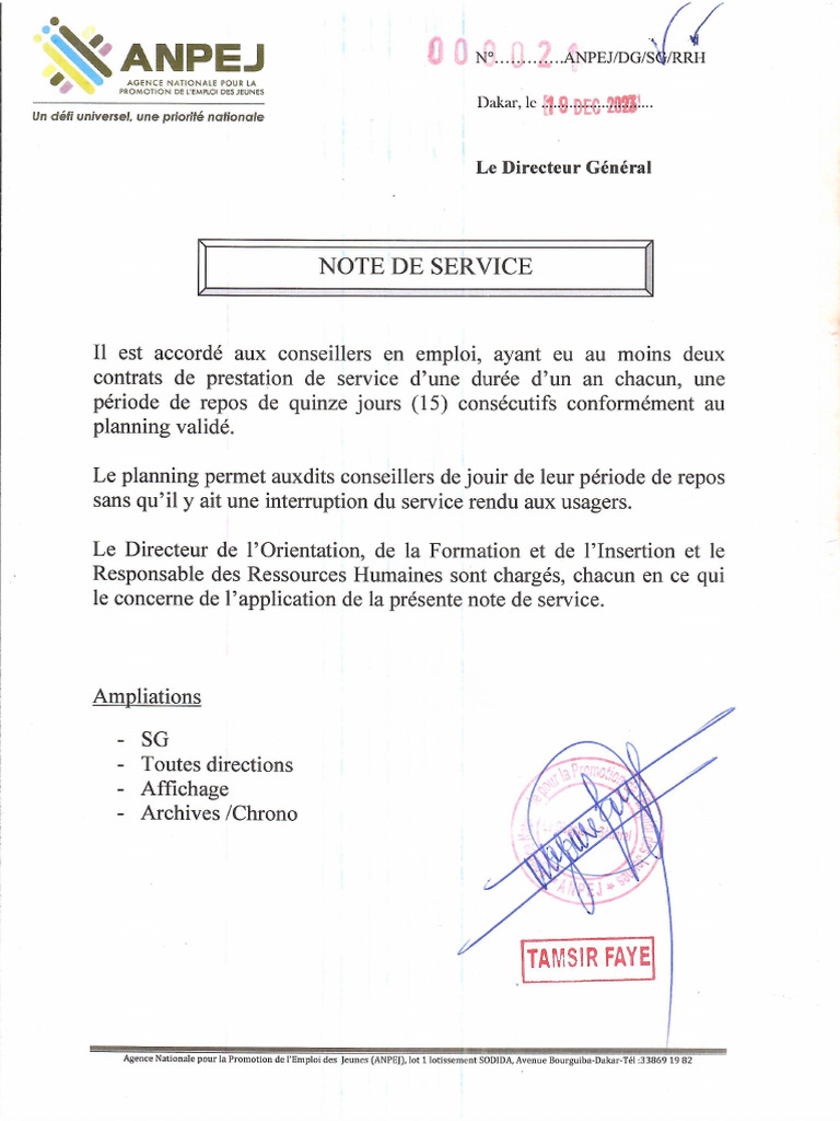 Note de Service Conseillers en Emploi | PDF