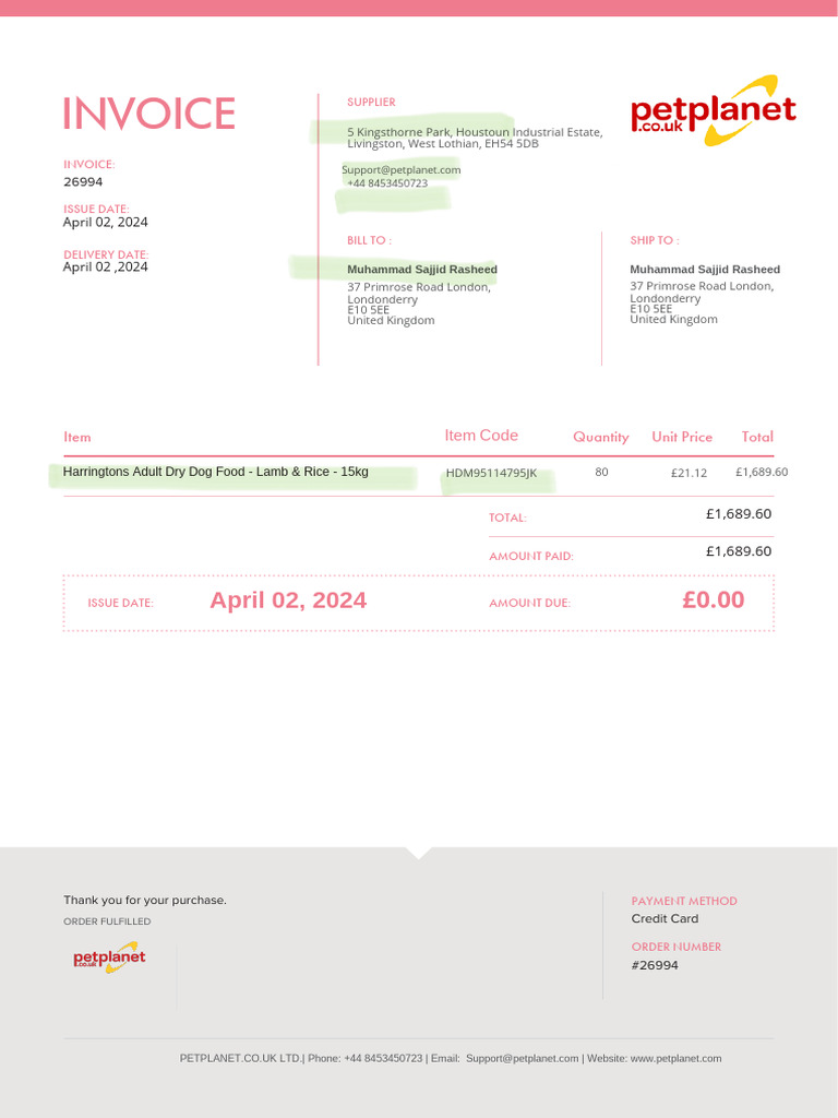 Pet planet Invoice 26994 | PDF