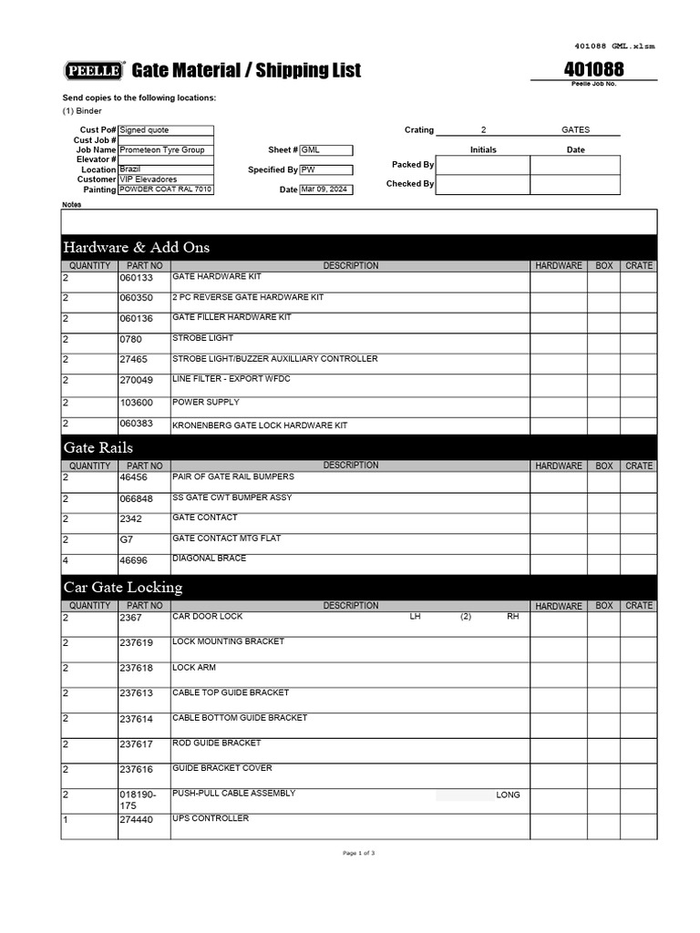 Gate Material Shipping List | PDF