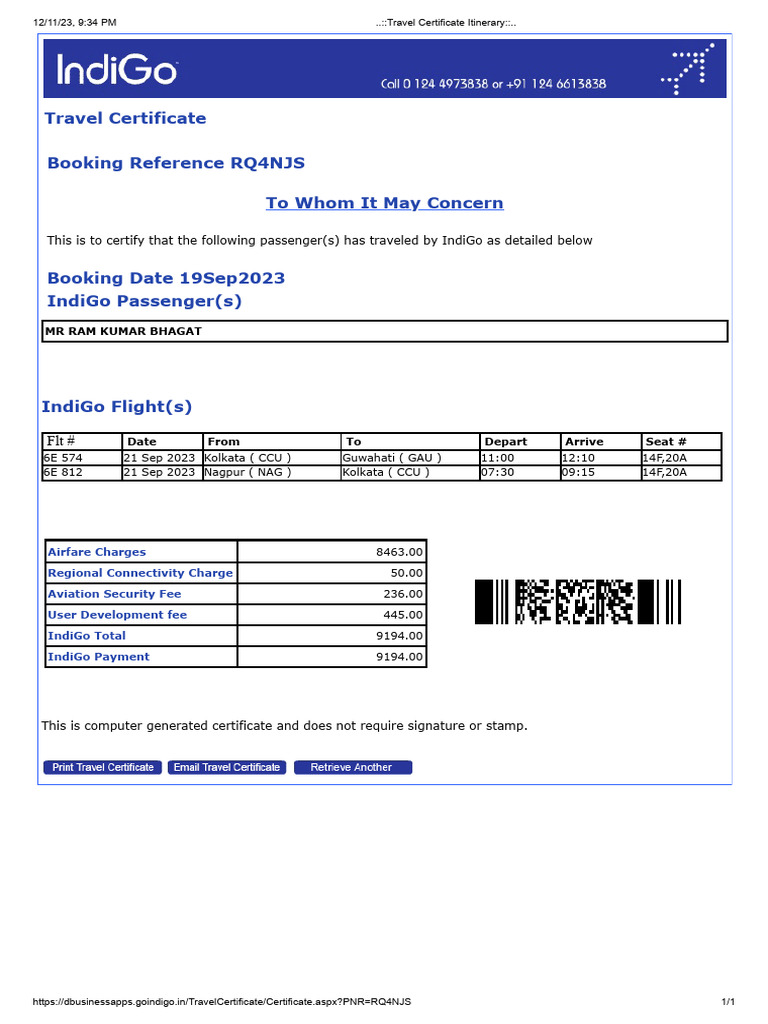 Travel Certificate Itinerary . | PDF