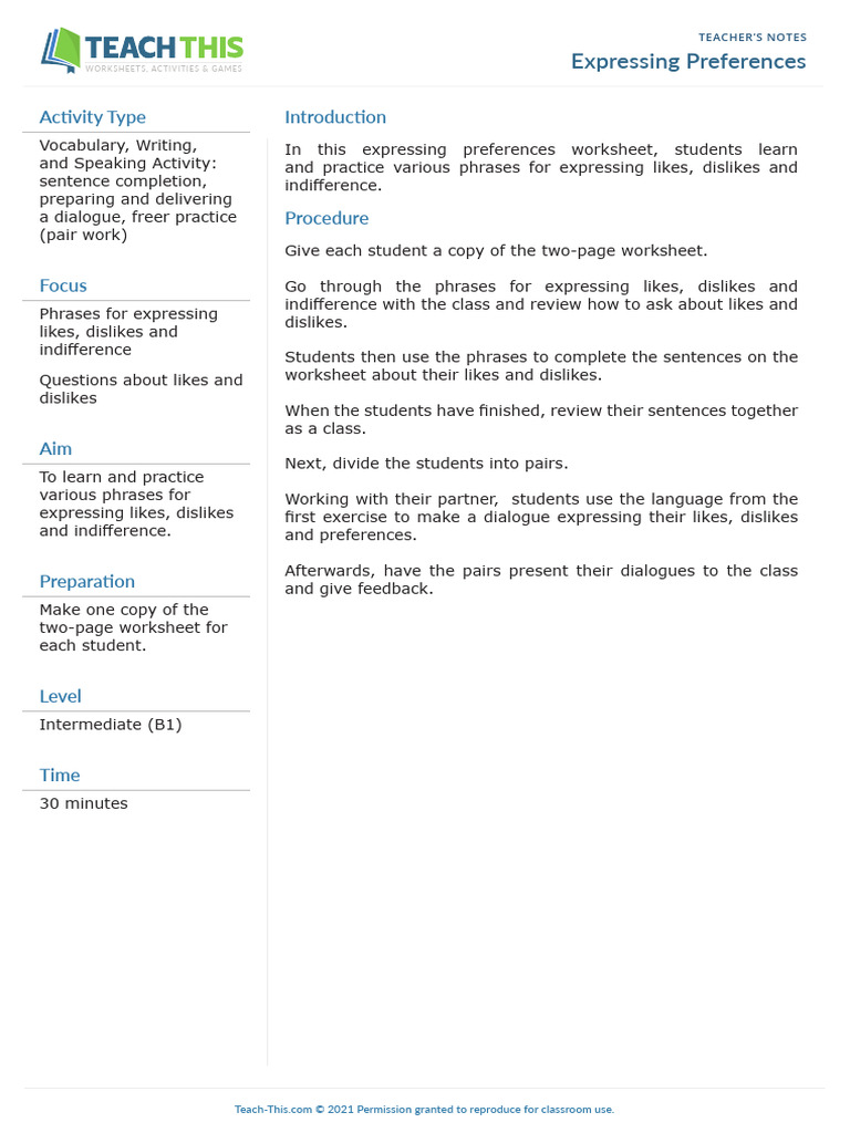 Expressing Preferences Worksheet | PDF
