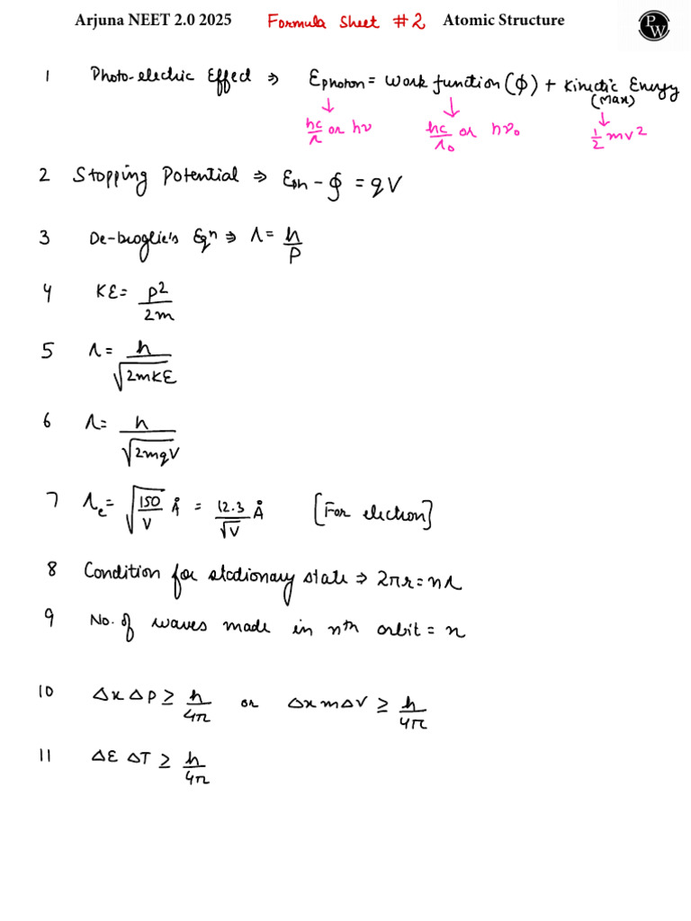 Atomic Structure - Formula Sheet 02 - Arjuna NEET 2.0 2025 | PDF