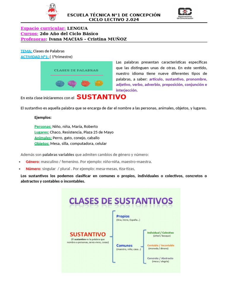 2do Año Act N°1 Clases de Palabras - Sustantivo | PDF