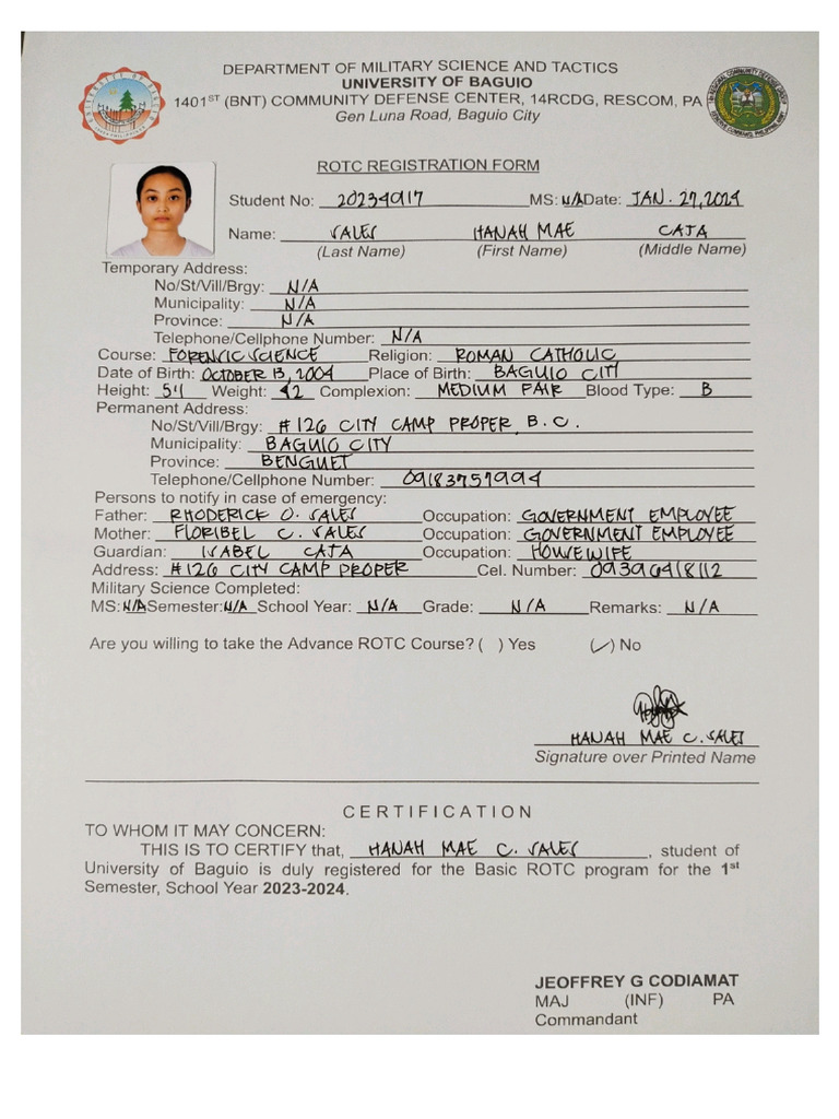 ROTC Registration Form | PDF