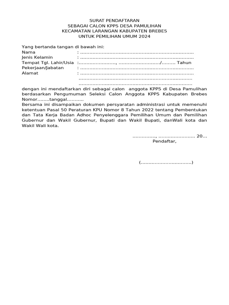 Formulir Pendaftaran KPPS 2024 | PDF