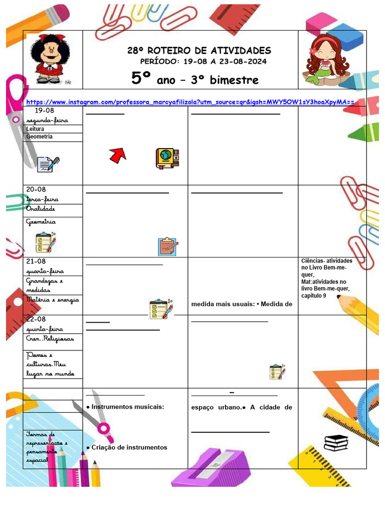 5º Ano - 28º Roteiro Semanal 19 A 23-08 - Marcya Filizola | PDF