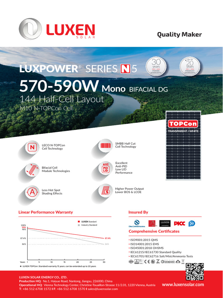 LUXEN TOPCon SERIES N5 BIFACIAL DOUBLE GLASS 144cells 570-590w MONO ...