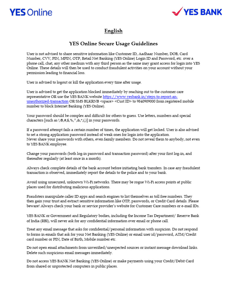 Ybl Yes Online Secure Usage Guidelines | PDF