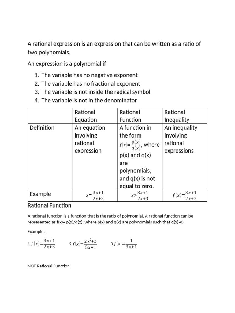 A Rational Expression Is An Expression That Can Be Written As A Ratio ...