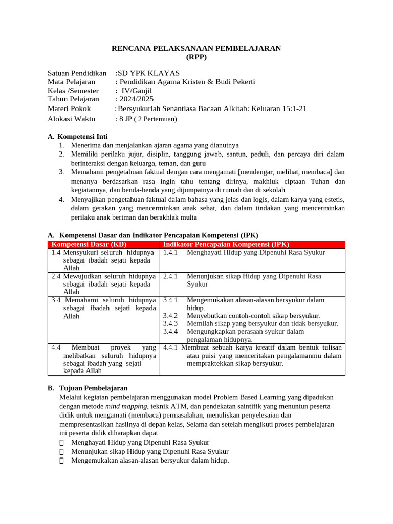 RPP Kelas 4 Semester 1 | PDF