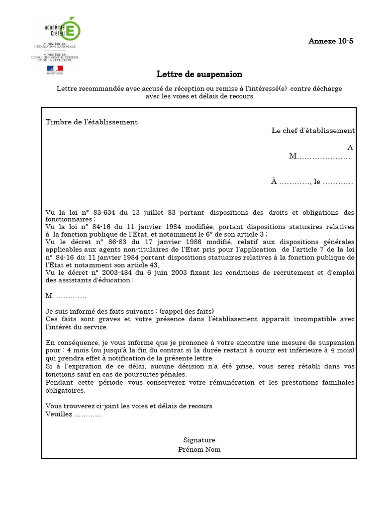 Annexe-10-5 Lettre de Suspension Conservatoire | PDF